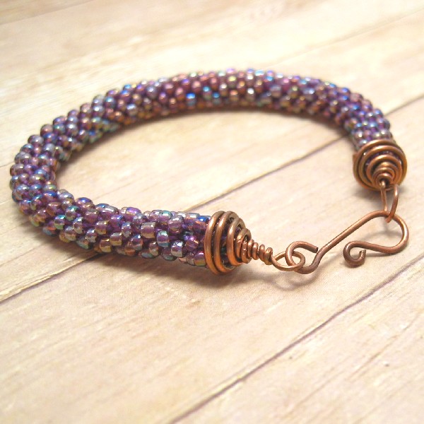 Bead Crochet Bracelet, Purple With Copper Ends And Clasp, Beaded ...